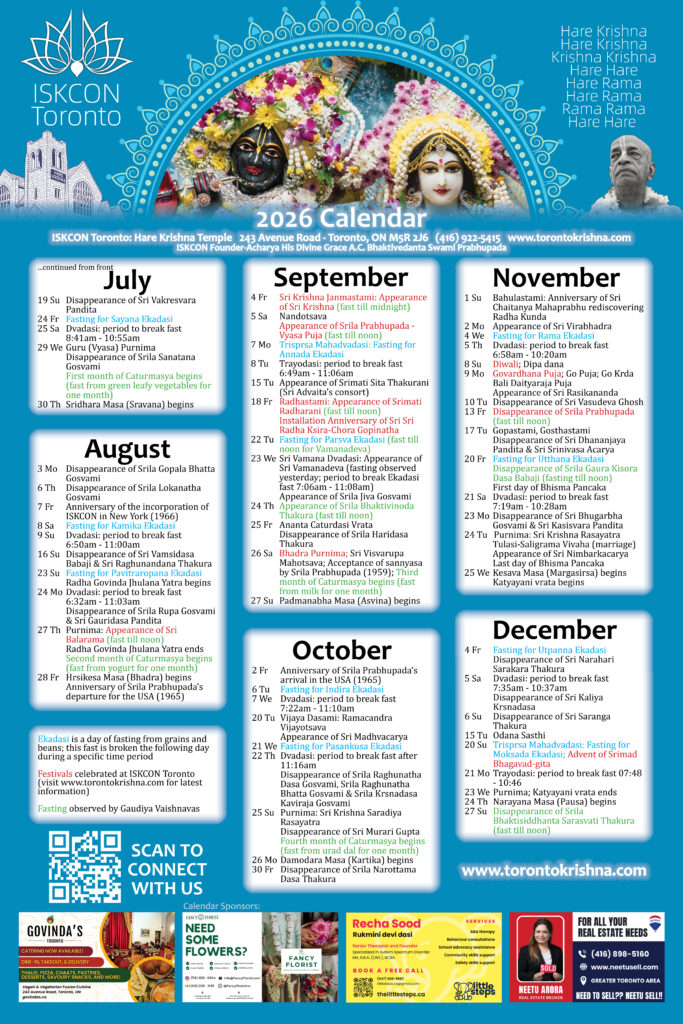 2026 Temple Calendar – ISKCON Toronto
